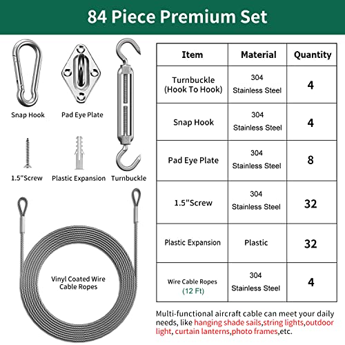 Sun Shade Sail Hardware Kit 6 Inch - 84pcs Set Stainless Steel Sun Sail Hardware Kit Mounting Accessories with 48 Ft (12 Ft x 4) Vinyl Coated Stainless Steel Wire Cable Ropes for Deck Railing