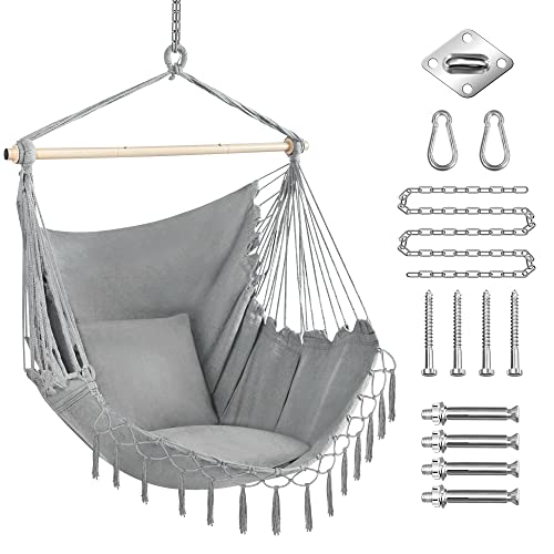 PUREKEA Oversized Hammock Chair with Hanging Hardware Kit, Swing Chair for Indoor & Outdoor, Max 330 Lbs, Include Carry Bag & Two Soft Seat Cushions (Light Grey)