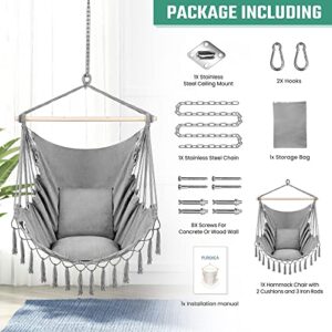 PUREKEA Oversized Hammock Chair with Hanging Hardware Kit, Swing Chair for Indoor & Outdoor, Max 330 Lbs, Include Carry Bag & Two Soft Seat Cushions (Light Grey)