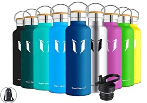 super sparrow water bottle double wall vacuum insulated stainless steel – 1000ml – standard mouth – leak proof sports bottle – non-toxic bpa free – 2 lids + bottle pouch