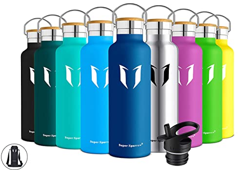 Super Sparrow Water Bottle Double Wall Vacuum Insulated Stainless Steel - 1000ml - Standard Mouth - Leak Proof Sports Bottle - Non-Toxic BPA Free - 2 Lids + Bottle Pouch