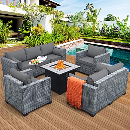 Valita Patio Rattan Furniture Set with Gas Fire Pit Table,5-Piece All Weather Gray Outdoor PE Wicker Resin Chairs and Couch,Sectional Conversation Sofa Set with Gray Cushions