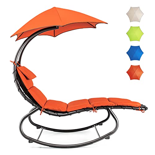 Tangkula Hanging Chaise Lounge Chair, Rocking Hammock Swing Chair with Cushion, Built-in Pillow, Removable Canopy, Outdoor Hanging Curved Chaise Lounger for Poolside, Backyard, Garden (Orange)