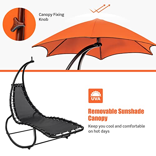 Tangkula Hanging Chaise Lounge Chair, Rocking Hammock Swing Chair with Cushion, Built-in Pillow, Removable Canopy, Outdoor Hanging Curved Chaise Lounger for Poolside, Backyard, Garden (Orange)