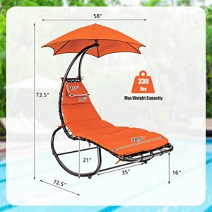 Tangkula Hanging Chaise Lounge Chair, Rocking Hammock Swing Chair with Cushion, Built-in Pillow, Removable Canopy, Outdoor Hanging Curved Chaise Lounger for Poolside, Backyard, Garden (Orange)