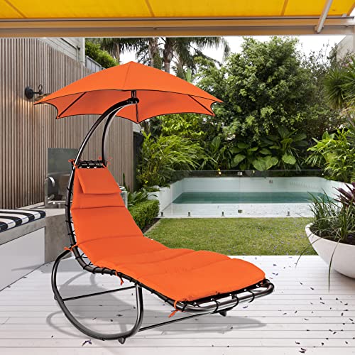 Tangkula Hanging Chaise Lounge Chair, Rocking Hammock Swing Chair with Cushion, Built-in Pillow, Removable Canopy, Outdoor Hanging Curved Chaise Lounger for Poolside, Backyard, Garden (Orange)