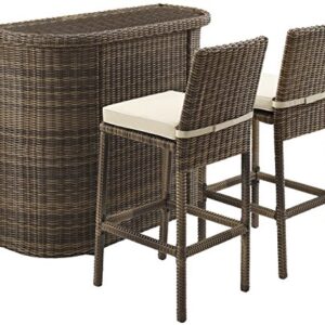 Crosley Furniture 3-Piece Bradenton Outdoor Wicker Bar Set with Two Stools and Cushions - Sand