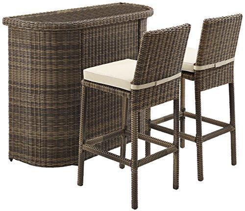 Crosley Furniture 3-Piece Bradenton Outdoor Wicker Bar Set with Two Stools and Cushions - Sand