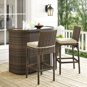 Crosley Furniture 3-Piece Bradenton Outdoor Wicker Bar Set with Two Stools and Cushions - Sand