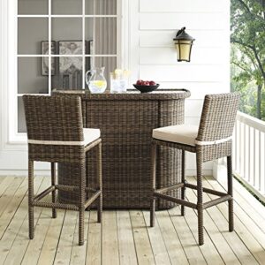 Crosley Furniture 3-Piece Bradenton Outdoor Wicker Bar Set with Two Stools and Cushions - Sand