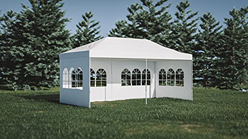 LEISURELIFE Outdoor Pop Up 10'x20' Canopy Tent with Sidewall - Folding Commercial Gazebo Party Tent Blue Red White with Wheeled Carry Bag (4 Sidewalls, White)