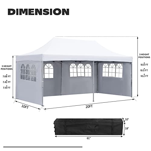 LEISURELIFE Outdoor Pop Up 10'x20' Canopy Tent with Sidewall - Folding Commercial Gazebo Party Tent Blue Red White with Wheeled Carry Bag (4 Sidewalls, White)