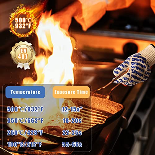 Heat Resistant Gloves BBQ Gloves EN407 Certified - 932°F Extreme Heat Resistant Oven Gloves - Ideal for Kitchen Cooking Grilling Baking Pan Holding(1 Pair Blue)