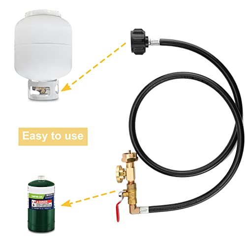 WADEO Propane Refill Adapter Hose with Gauge, 4FT/48'' Propane Tank Refill Adapter Extension Hose for 1LB Propane Gas Tanks with ON/Off Control Valve, 2X 1lb Propane Bottle Caps Included