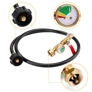 WADEO Propane Refill Adapter Hose with Gauge, 4FT/48'' Propane Tank Refill Adapter Extension Hose for 1LB Propane Gas Tanks with ON/Off Control Valve, 2X 1lb Propane Bottle Caps Included