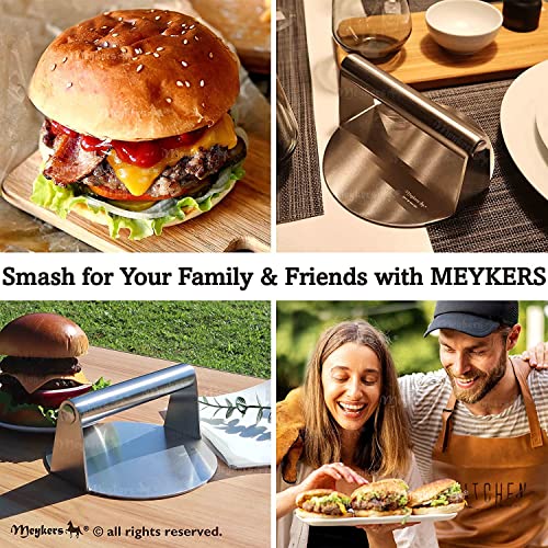 Meykers Smash Burger Press 6.3” Burger Smasher | for Griddle Grill Pan Skillet | Weight Gain Flat Presser Smashburger Maker 304 Stainless Steel | Meat Bacon Sandwich Panini | Tool Kit for BBQ Lover