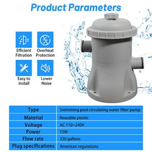 330 Gallons Pool Filter Pump Above Ground,Swimming Pool Filter Cartridge Pump,Electric Pool Water Pump Filter for Pools Sand Cleaning Tool Set with 1 Pool Filter Cartridge