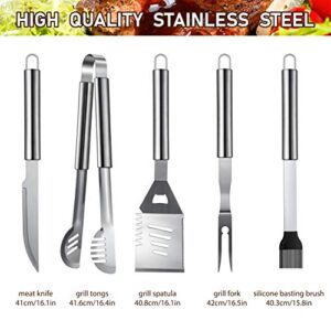 HUSSAR 34PCS BBQ Grill Tools Set Stainless Steel Grilling Accessories with Spatula, Tongs, Skewers for Barbecue, Camping, Kitchen, Complete Premium Grill Utensils Set in Storage Bag, Silver, (BTS-34)