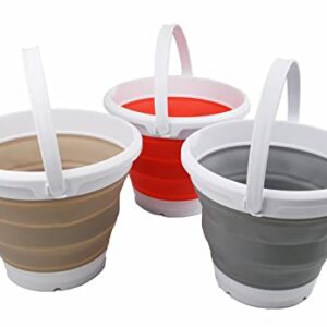 SAMMART 5.5L (1.4 Gallon) Set of 3 Collapsible Plastic Bucket - Foldable Round Tub - Portable Fishing Water Pail - Space Saving Outdoor Waterpot. (Grey & Latte & Orange Red)