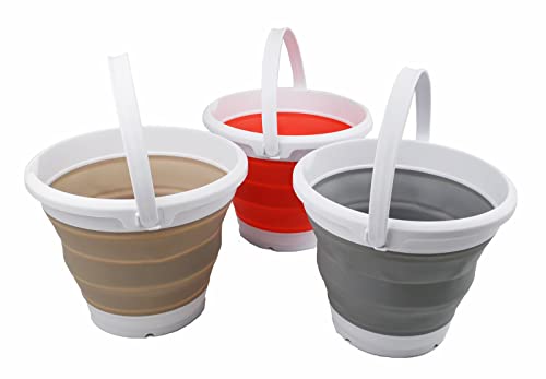 SAMMART 5.5L (1.4 Gallon) Set of 3 Collapsible Plastic Bucket - Foldable Round Tub - Portable Fishing Water Pail - Space Saving Outdoor Waterpot. (Grey & Latte & Orange Red)