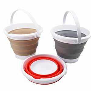 SAMMART 5.5L (1.4 Gallon) Set of 3 Collapsible Plastic Bucket - Foldable Round Tub - Portable Fishing Water Pail - Space Saving Outdoor Waterpot. (Grey & Latte & Orange Red)