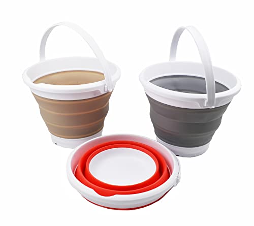 SAMMART 5.5L (1.4 Gallon) Set of 3 Collapsible Plastic Bucket - Foldable Round Tub - Portable Fishing Water Pail - Space Saving Outdoor Waterpot. (Grey & Latte & Orange Red)