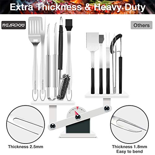 NEARPOW Heavy Duty BBQ Grill Tools Set, 18” Long Handle Grill Utensils Kit, Tongs Spatula Fork Basting Brush Cleaning Brush, Stainless Steel Barbecue Accessories Gift for Men Grilling Cooking Camping