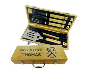 bbq set 5 tools | custom engraved/personalized grilling set with 5 useful barbeque grilling tools | barbecue utensils gifts for men & women | in natural bamboo case | grill utensils set for dad