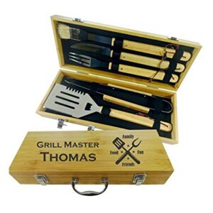 BBQ SET 5 tools | Custom engraved/personalized grilling set with 5 useful Barbeque grilling tools | Barbecue Utensils Gifts for Men & Women | In natural bamboo case | Grill Utensils Set for Dad