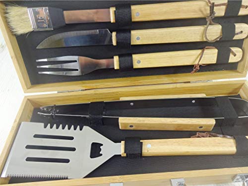 BBQ SET 5 tools | Custom engraved/personalized grilling set with 5 useful Barbeque grilling tools | Barbecue Utensils Gifts for Men & Women | In natural bamboo case | Grill Utensils Set for Dad