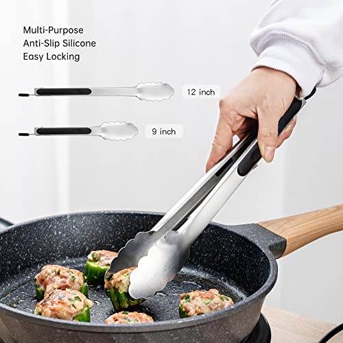 9"+12" Kitchen Tongs, Stainless Steel Grill Tongs Cooking Tongs, for Cooking Barbecue, BBQ Grilling, Buffet Serving (9"+12")