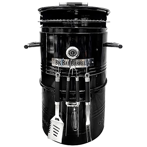 Big Bad Barrel Pit Drum Smoker Charcoal Barbeque Grill - 5 in 1 - Smoker, Grill, Pizza Oven, Table and Fire Pit