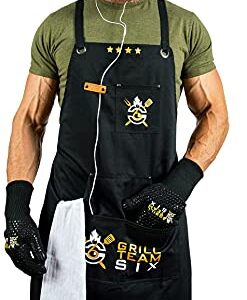 GRILL TEAM SIX BBQ Aprons for Men Ultra Tough Elite Chef Apron with 5 Pocket Design - Perfect Grilling Gifts for Men and Dads