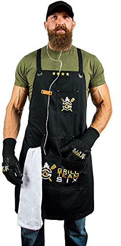 GRILL TEAM SIX BBQ Aprons for Men Ultra Tough Elite Chef Apron with 5 Pocket Design - Perfect Grilling Gifts for Men and Dads