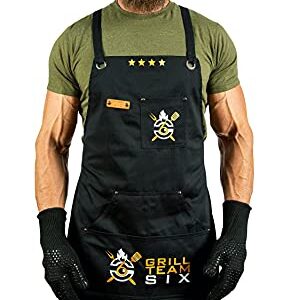 GRILL TEAM SIX BBQ Aprons for Men Ultra Tough Elite Chef Apron with 5 Pocket Design - Perfect Grilling Gifts for Men and Dads