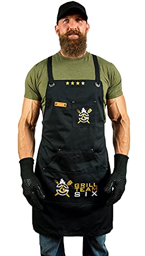 GRILL TEAM SIX BBQ Aprons for Men Ultra Tough Elite Chef Apron with 5 Pocket Design - Perfect Grilling Gifts for Men and Dads