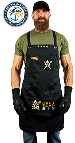 GRILL TEAM SIX BBQ Aprons for Men Ultra Tough Elite Chef Apron with 5 Pocket Design - Perfect Grilling Gifts for Men and Dads