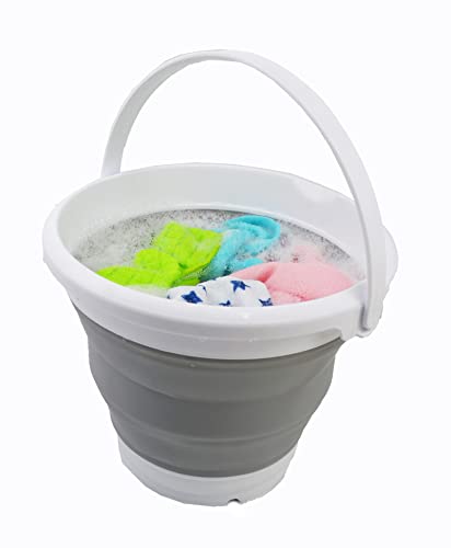 SAMMART 5.5L (1.4 Gallon) Collapsible Plastic Bucket - Foldable Round Tub - Portable Fishing Water Pail - Space Saving Outdoor Waterpot. (White/Grey, 1)