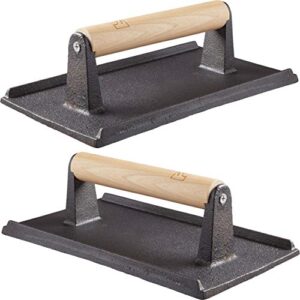 pro grade, pre seasoned cast iron grill weight 2pk. heavy duty steak and burger press with wooden handle for grills, griddles and flattops. perfect gadget for bacon, paninis, sandwiches and vegetables