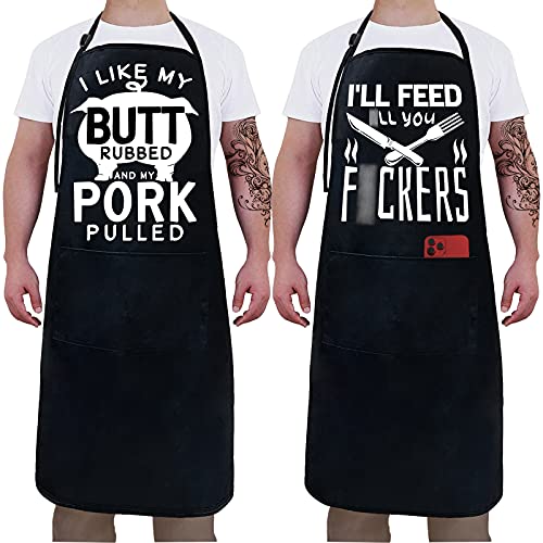 2-Pack Funny Balck Waterproof Aprons for Men Women With Pockets - Grilling Gifts for Dad, Husband, Fathers, Son, Boyfriend - Kitchen Bbq Chef Cooking Apron