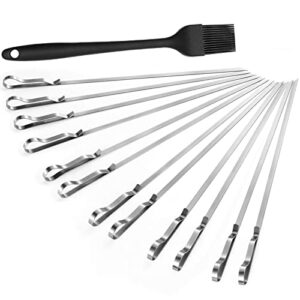 bearmoo kabob skewers 17″ stainless steel bbq barbecue skewers 7/20″ flat metal grilling skewers set, reusable bbq sticks (set of 12 +1 x handy storage)