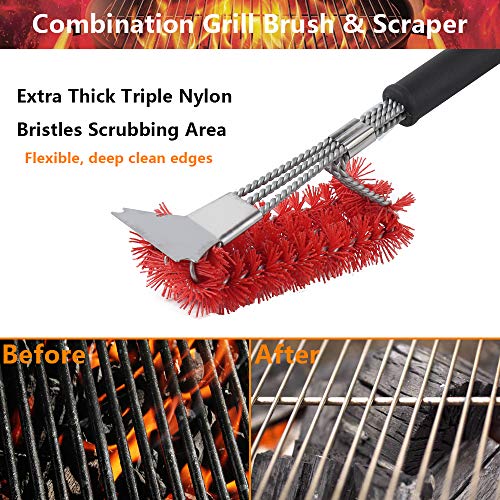 XSUPER Nylon Grill Brush, 3 in 1 Grill Brush & Scraper, Best Nylon Bristle Brushes, 18" Barbecue Cleaning Brush for a Cool Grill, Scraper for Grill Cooking Grates,Universal Fit BBQ Grill Accessories