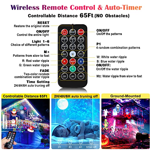 Christmas Projector Lights Outdoor Upgrade 2-in-1 72 HD Effects 3D Ocean Wave Holiday Snowflake Projector Lights Waterproof IP65 Projection Light with Remote Timer for Halloween Xmas Party Decorations