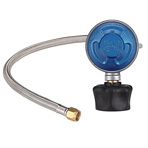 IGT Gas Regulator | 2 feet Stainless Steel Braided Hose Propane Regulator (70000 BTU) for Barbecue Grill, Camping Stove, Patio Heater, Fish Cooker & Other Small Gas Appliances, 2 ft, QCC-1, LPG, Blue