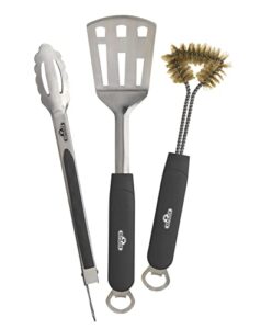 napoleon 3 piece stainless steel bbq toolset 70024 sturdy stainless steel spatula, tongs, brass bbq cleaning brush, heat resistant handles, bottle opener, tool hanger, dishwasher safe