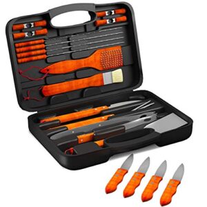 home-complete 4326466051 bbq grill tools set with wood handles & knives set-22 pc stainless steel barbecue accessories with wooden handles, case,4 steak knives, spatula, tongs