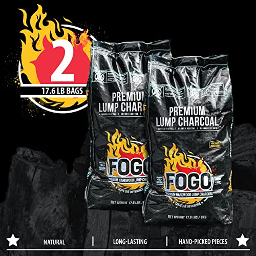 FOGO Premium Hardwood Lump Charcoal, Natural, Medium and Small Sized Lump Charcoal for Grilling and Smoking, Restaurant Quality, 17.6 Pound Bag, 2-Pack