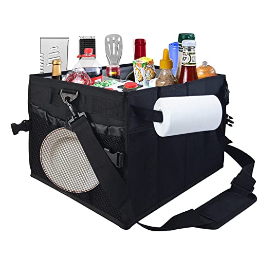 Boczif Large Grill and Picnic Caddy with Paper Towel Holder, BBQ Organizer for Grilling Tool, Plate, Condiment, Collapsible Picnic Bag for Outdoor Camper, Cook, Barbecue, Travel, Car, RV (Black)