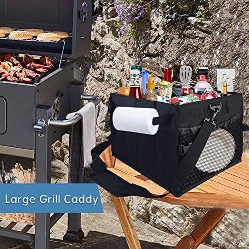 Boczif Large Grill and Picnic Caddy with Paper Towel Holder, BBQ Organizer for Grilling Tool, Plate, Condiment, Collapsible Picnic Bag for Outdoor Camper, Cook, Barbecue, Travel, Car, RV (Black)