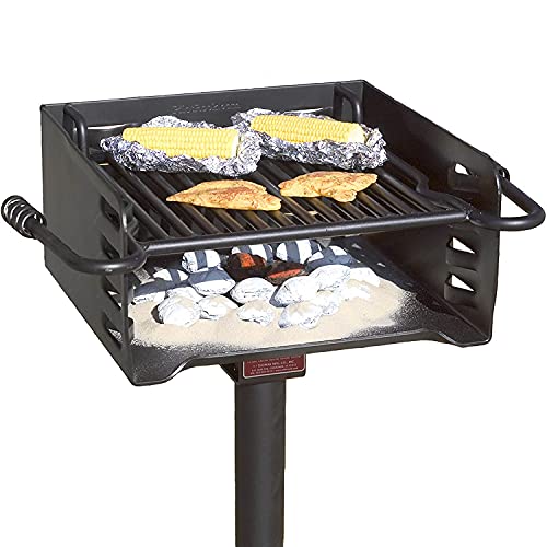 Pilot Rock H-16 B6X2 Park Style Heavy Duty Steel Outdoor BBQ Charcoal Grill with Cooking Grate & 360 Degree Swivel Post for Camping or Backyard, Black